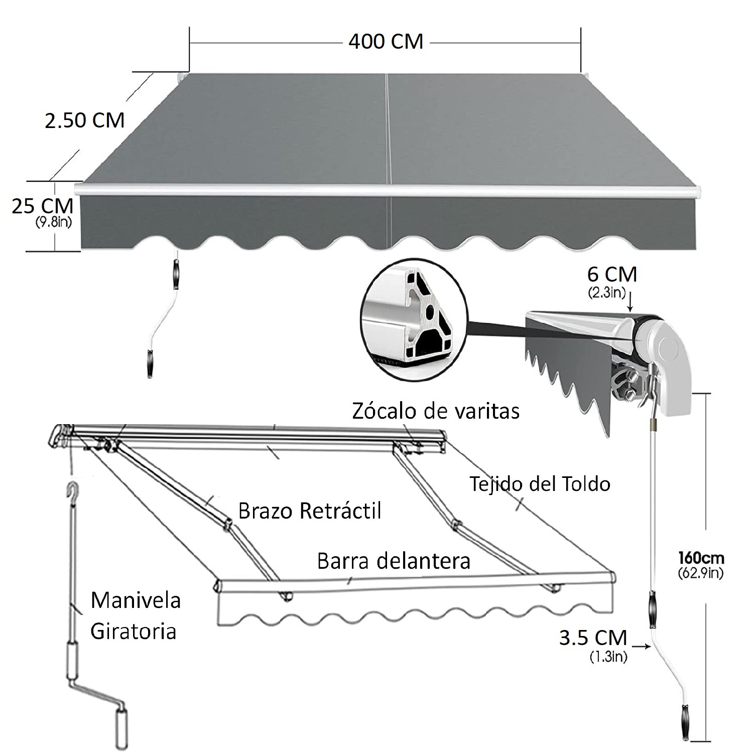 Toldo con Brazo Retractil Terrazas 4×2.5 mts Gris – iGpro